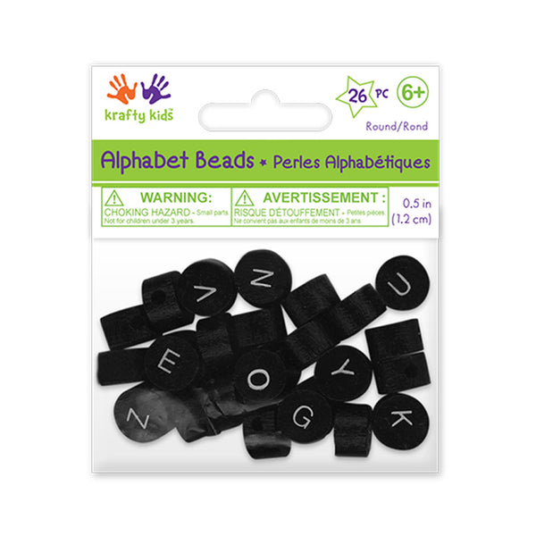 Wood Round Alphabet Beads - Black with White Letters – Collage Collage