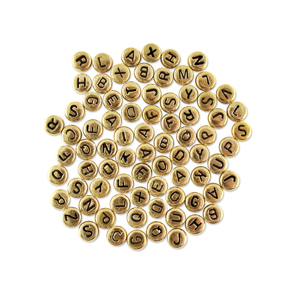 Round Alphabet Beads – Metallic Gold with Black Letters – Collage Collage