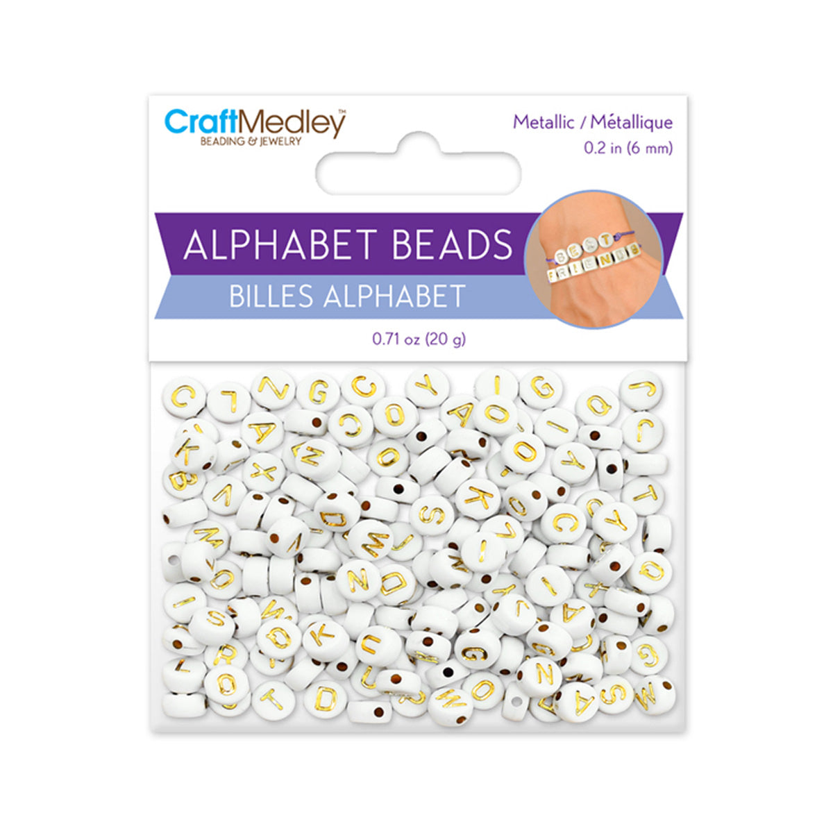 Round Alphabet Beads - White with Gold Metallic Letters – Collage Collage
