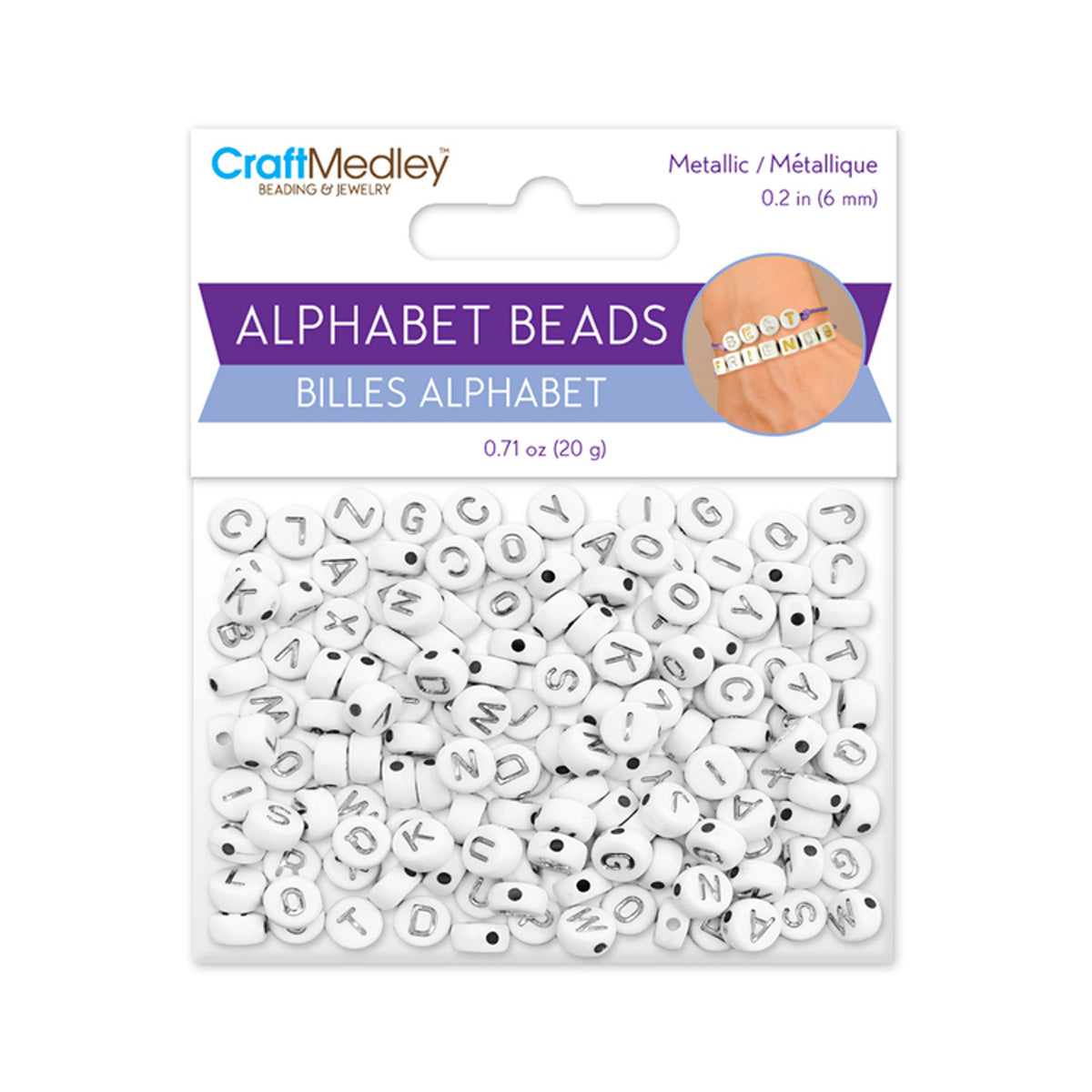 Round Alphabet Beads - White with Silver Metallic Letters – Collage Collage